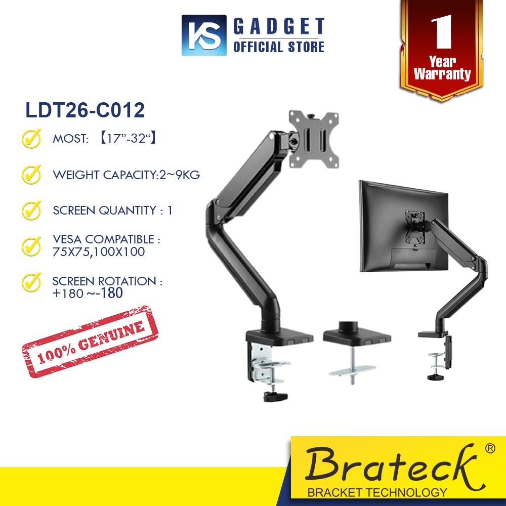 Brateck Premium Single Monitor Aluminum Gas Spring Monitor Arm - LDT26 ...