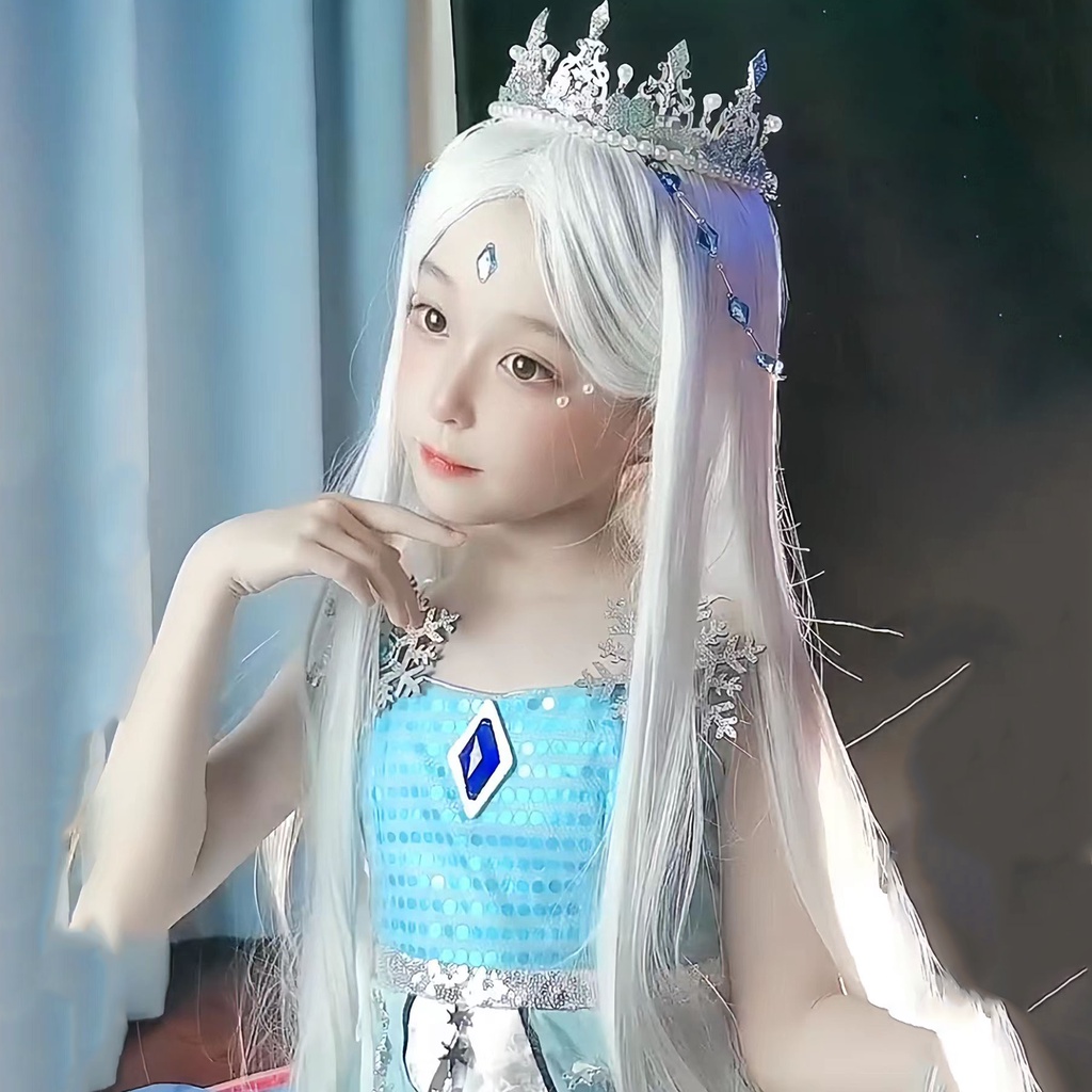 Children Wig Female cos Ice Princess Long Straight Hair Pure White Leaf Loli Middle Long Hair ...