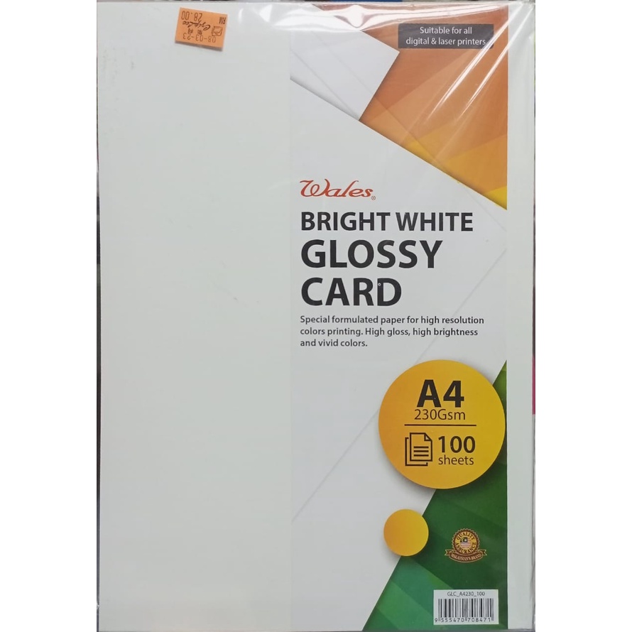 WALES BRIGHT WHITE GLOSSY CARD/ART CARD A4 SIZE 230GSM/100'S | Shopee ...