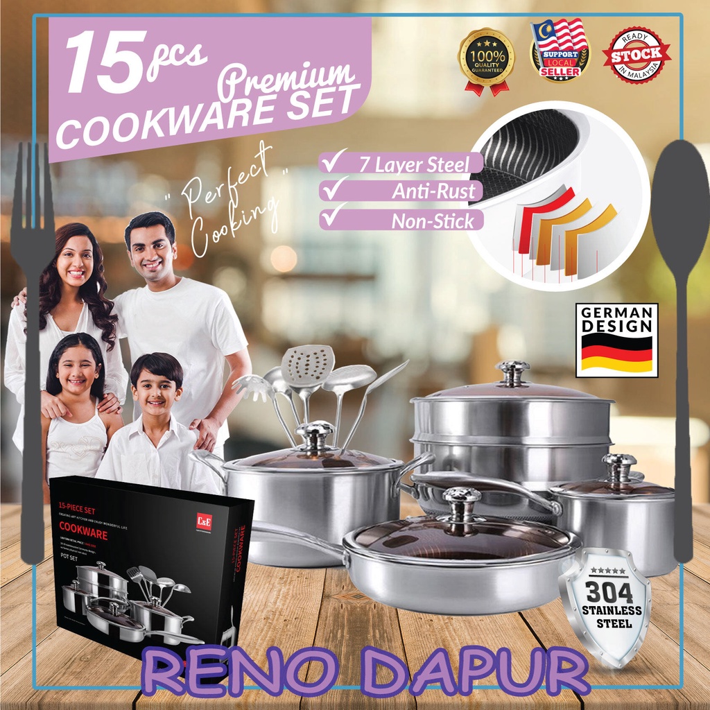 15PC Premium Cookware Set Stainless Steel Pot Pan Steamer Kitchen ...