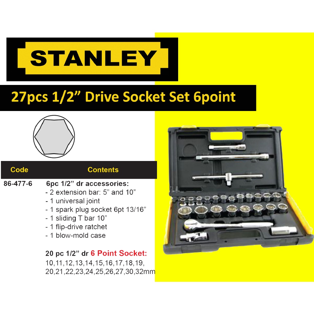 Original STANLEY 27-Pcs 1/2" 6 Point Drive Socket Set (10mm-32mm) 86 ...