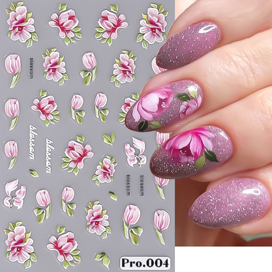 5D Embossed Nail Stickers Pink Peony Lily Daisy Flowers Design Self ...