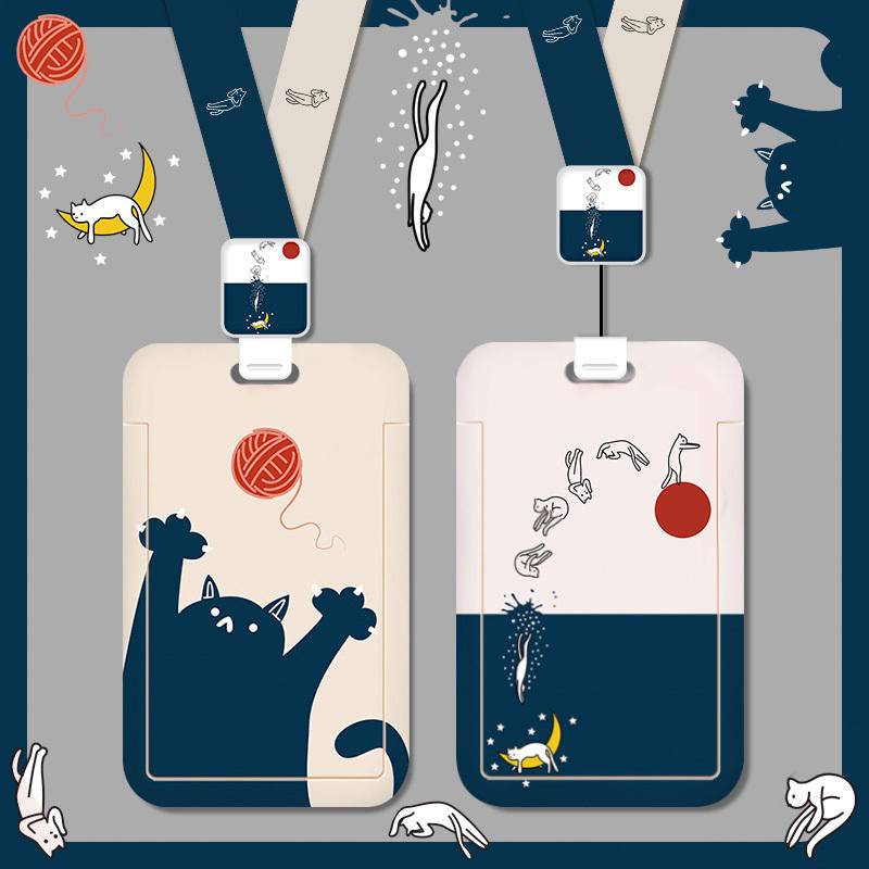 Campus student ID card holder cute cat card cover with lanyard work ID ...