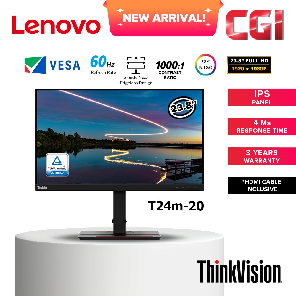 Lenovo ThinkVision T24M-20 USB-C Ergonomic NearEdgeless Eye Comfort ...