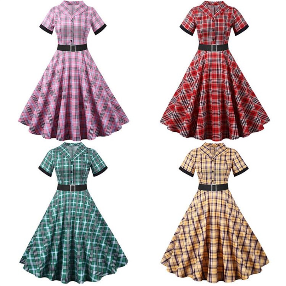 Retro Plaid Dress Mid-Length Dress Short-Sleeved A-Line Dress Elegant ...