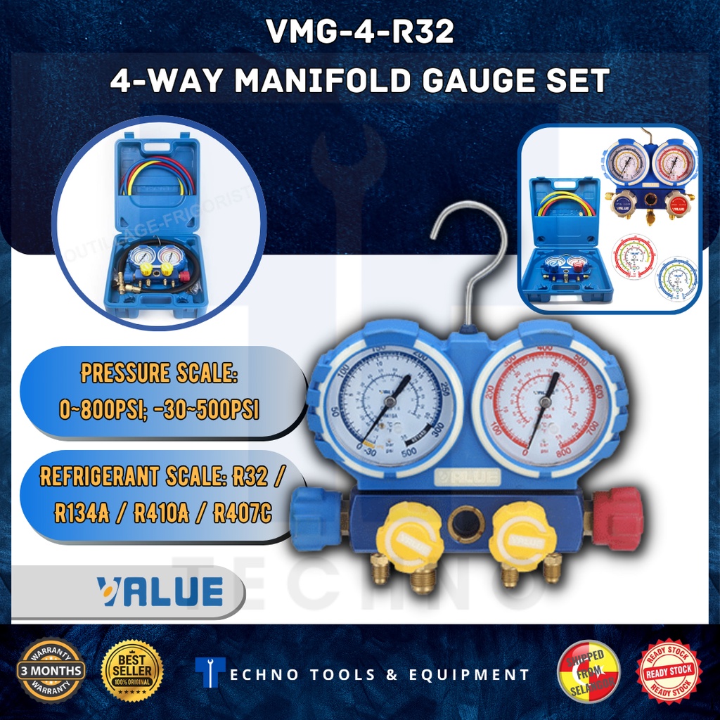 Ready Stock!! VALUE VMG-4-R32 4-Way Manifold Gauge Set (Refrigerant ...