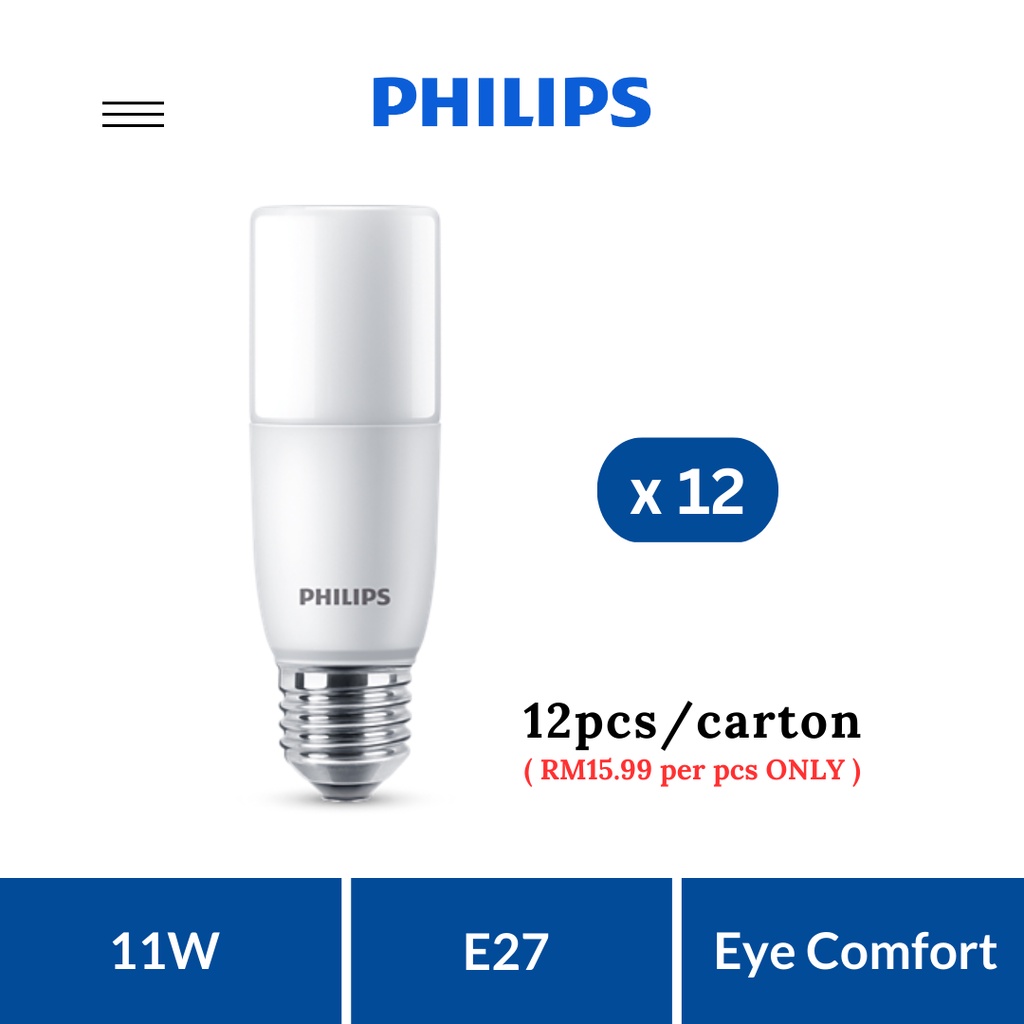 PHILIPS LED DL Stick Bulb ( 11W 3000K | 6500K) (12 PCS) | Shopee Malaysia