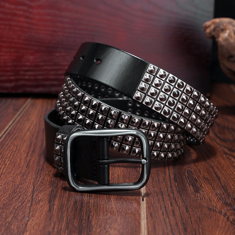 2023 Luxury Metal Rivet Punk Hip-Hop Belt NEW Genuine Leather mens ...