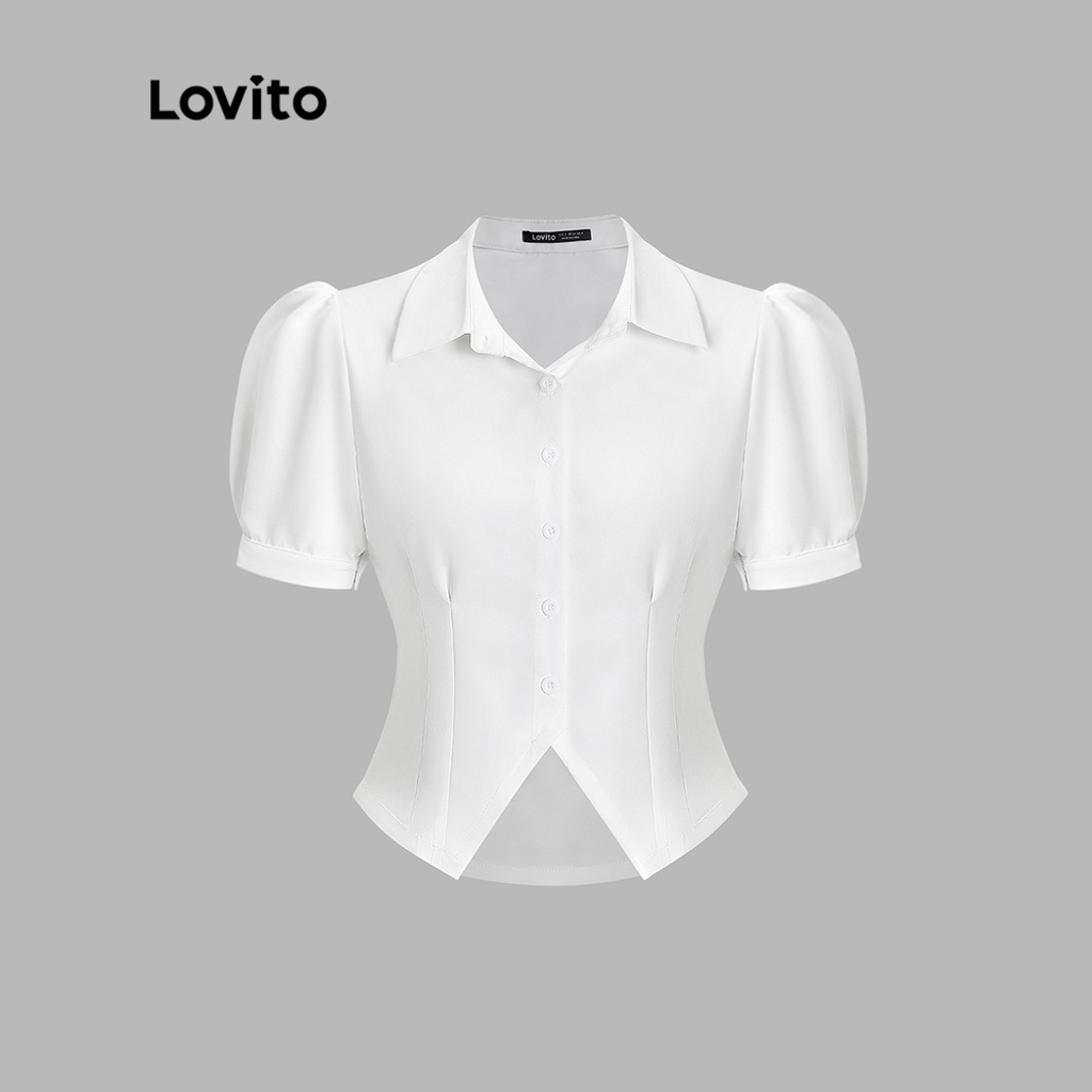 Lovito Casual Plain Button Y2K Puff Sleeve Blouse for Women L52AD035 ...