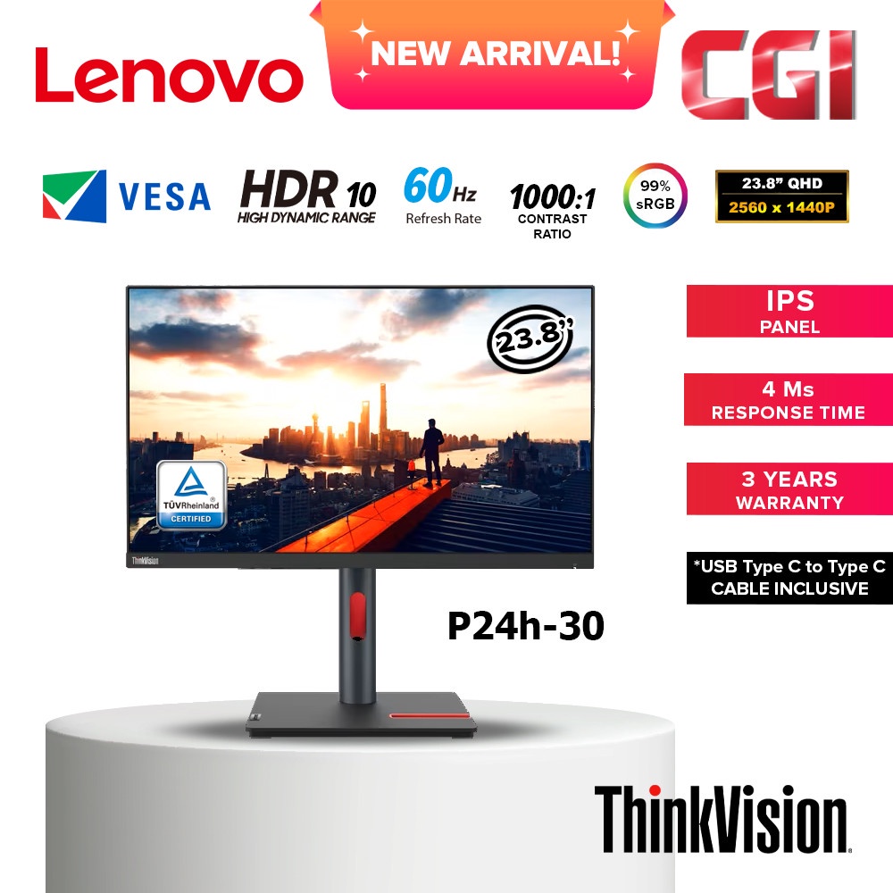 Lenovo 23.8" Thinkvision P24H-30 IPS QHD HDR10 60Hz 4ms USB-C ...