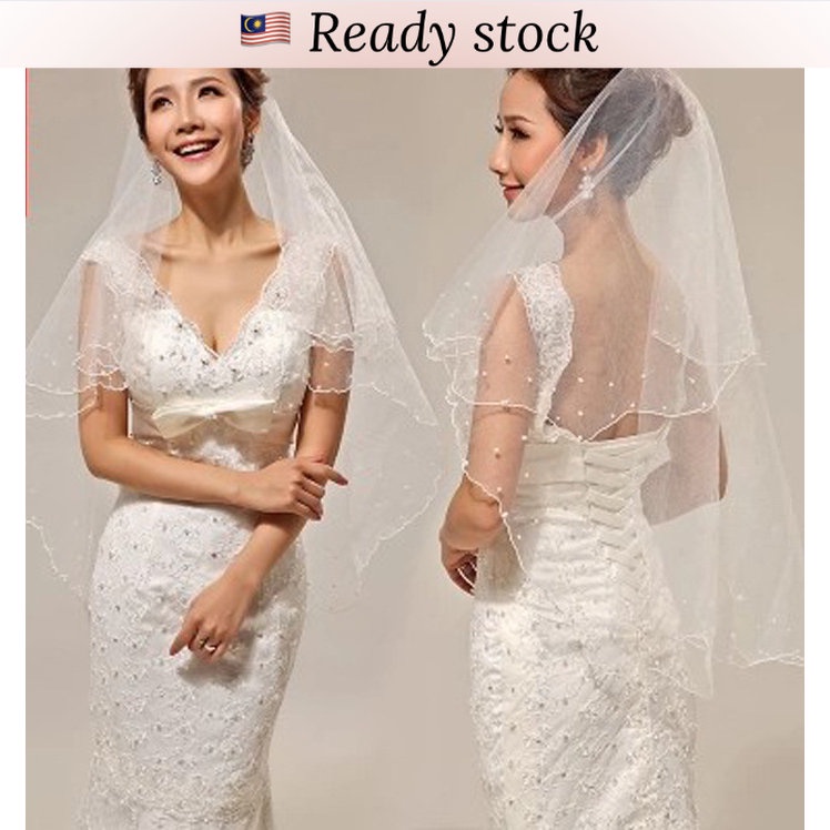 🇲🇾1.5m White Bridal Veil Nikah Wedding Veil Murah Crown Short Veil ...