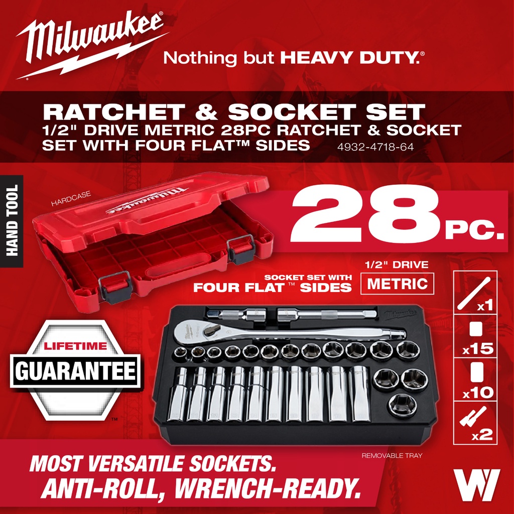 Milwaukee 1/2" Drive Metric 28pc Ratchet & Socket Set ( 4932 - 4718 ...