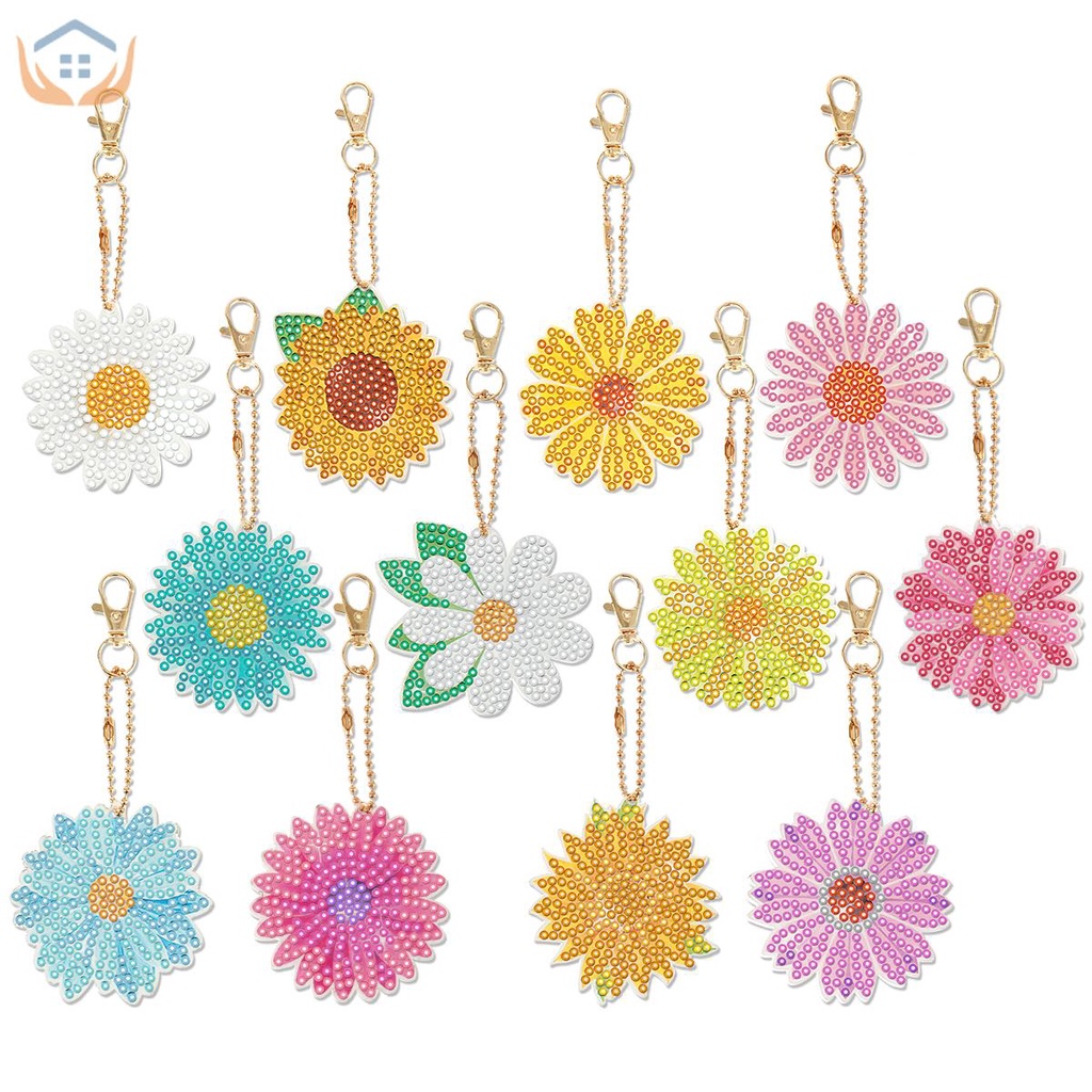 12 Pcs DIY Diamond Keychain Kits 5D Cute Daisy Sunflower Diamond Art ...