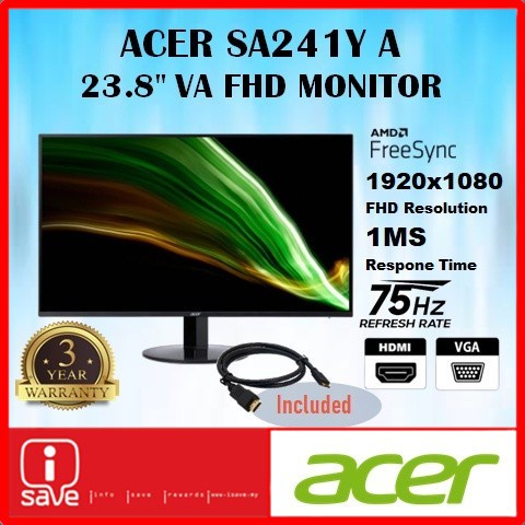 ACER SA1 SERIES SA241Y A 23.8" VA FLAT MONITOR 75Hz / 1ms / 1920 x1080 ...