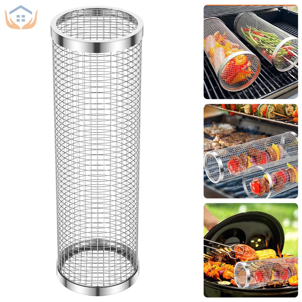 BBQ Net Tube 304 Stainless Steel Rolling Grilling Basket with Fork ...