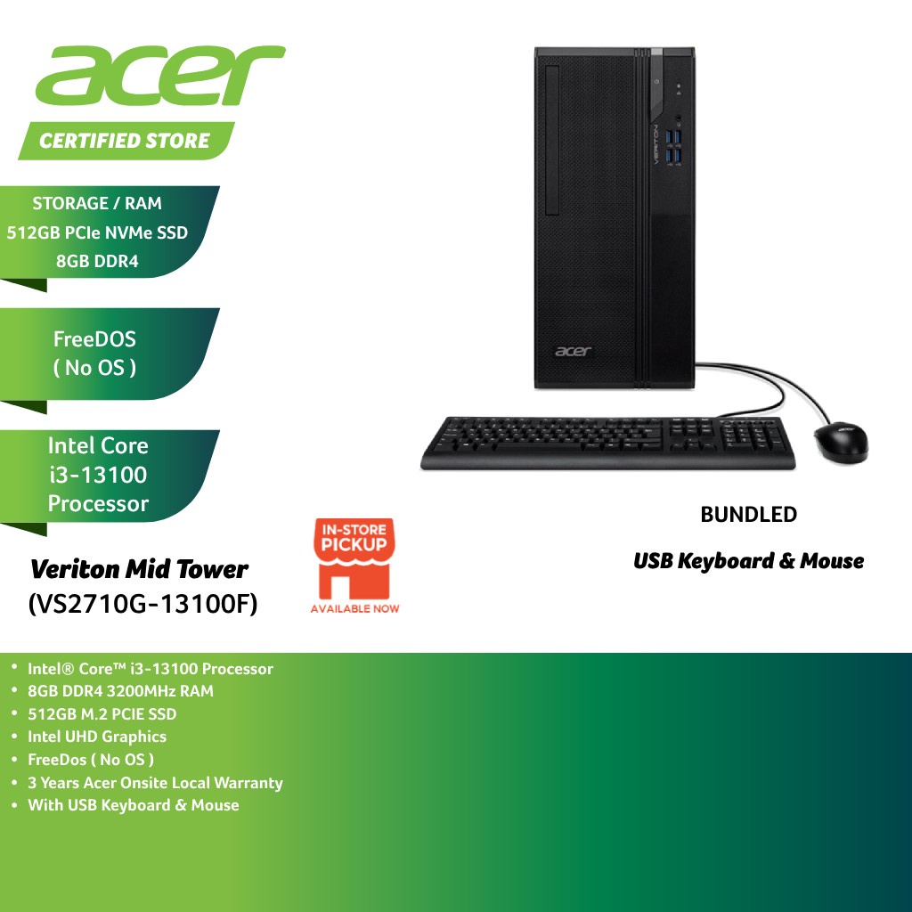 Acer Veriton VS2710G-13100F Mid Tower Desktop PC Black ( I3-13100, 8GB ...