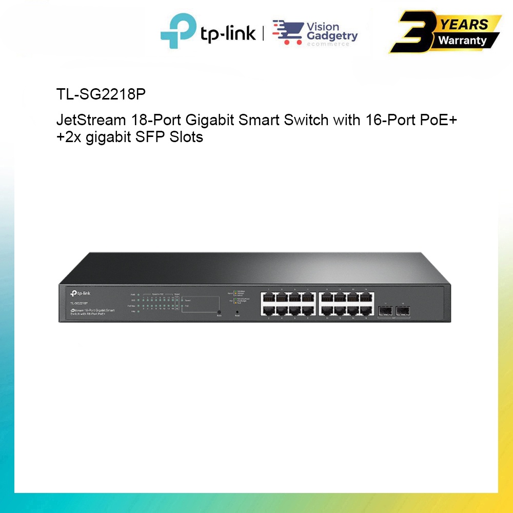 TP-Link TL-SG2218P JetStream 18-Port Gigabit Smart Switch with 16-Port PoE+ 2× gigabit SFP Slots ...