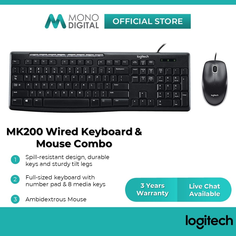 Logitech Keyboard And Mouse Combo Mk200 Usb Wired With Dedicated Media