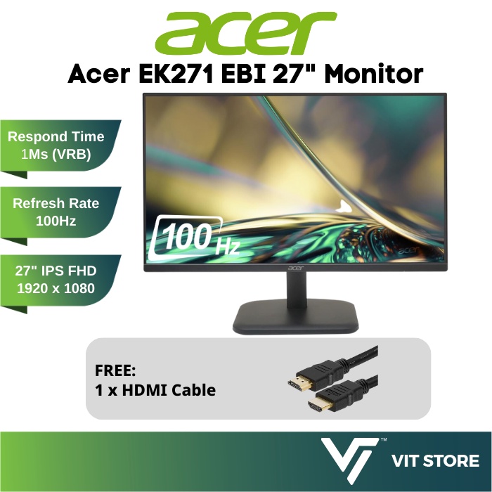 Acer EK271 Ebi 27" FHD IPS Eye Safe Essential Monitor 100Hz, 1920 x ...