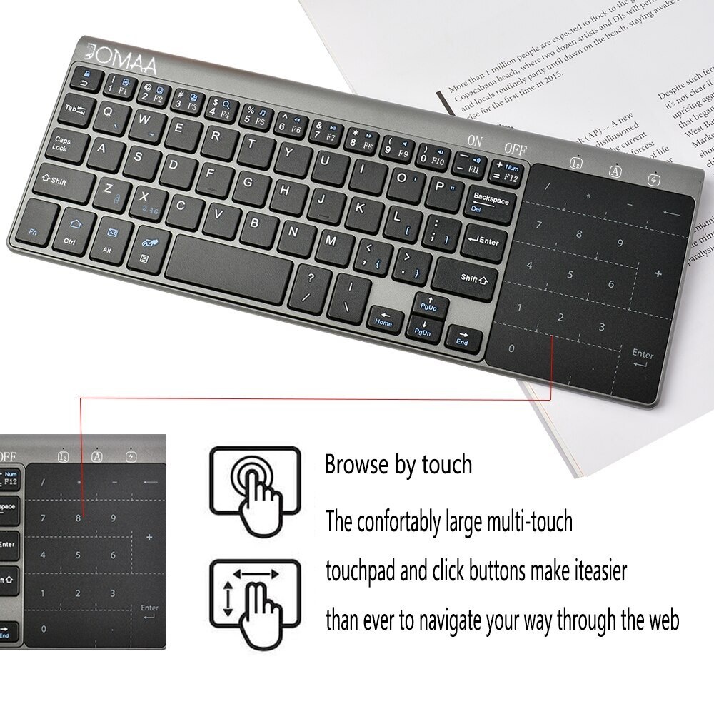 JOMAA Slim 2.4G Wireless Keyboard with Touchpad Mouse Number USB Bluetooth Keypoard for Android ...