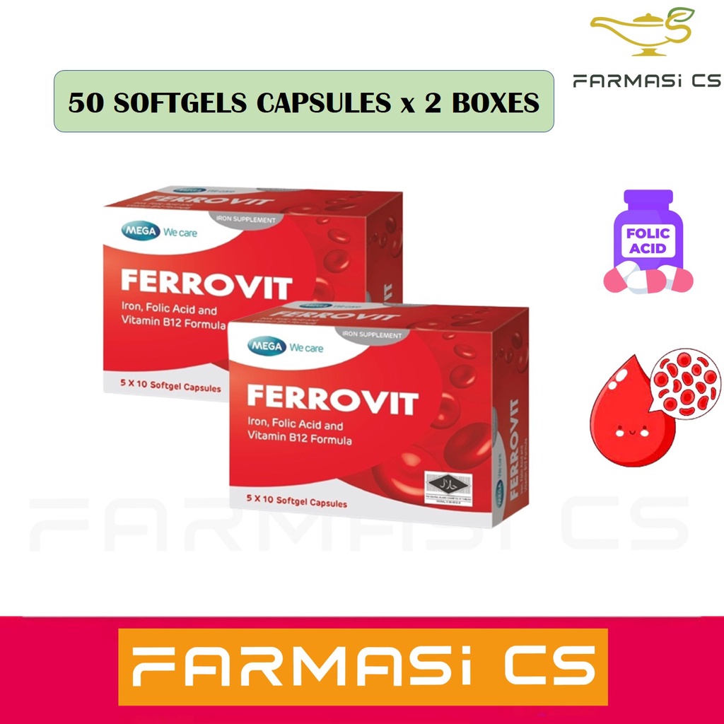 Mega Ferrovit 50 Softgels Capsules x 2 Boxes EXP:08/2026 [ Iron, Folic ...