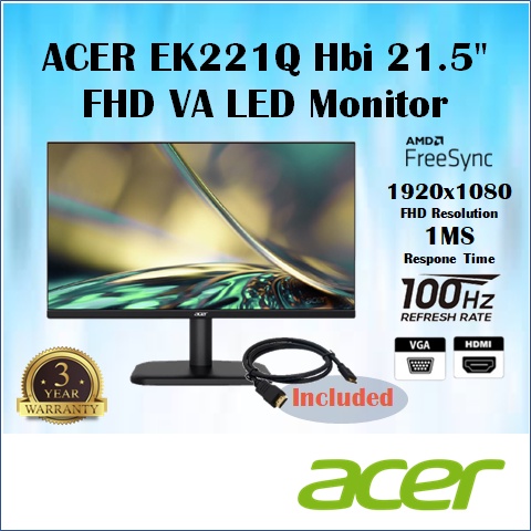 ACER EK221Q Hbi 21.5" FLAT FULL HD 1920x1080 100Hz 1ms VA LED MONITOR ...