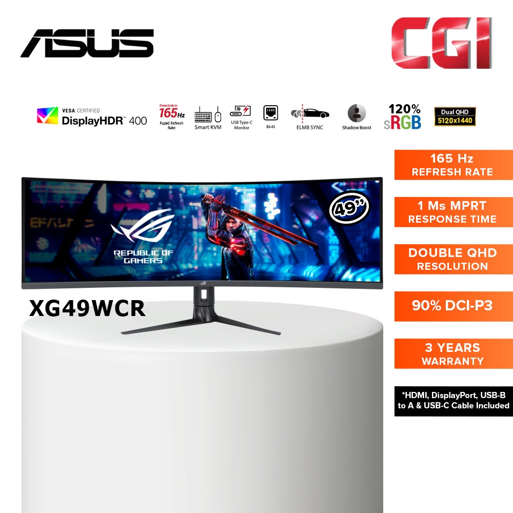Asus 49" ROG Strix XG49WCR Double QHD 165Hz HDR400 KVM RJ45 USB-C Super ...