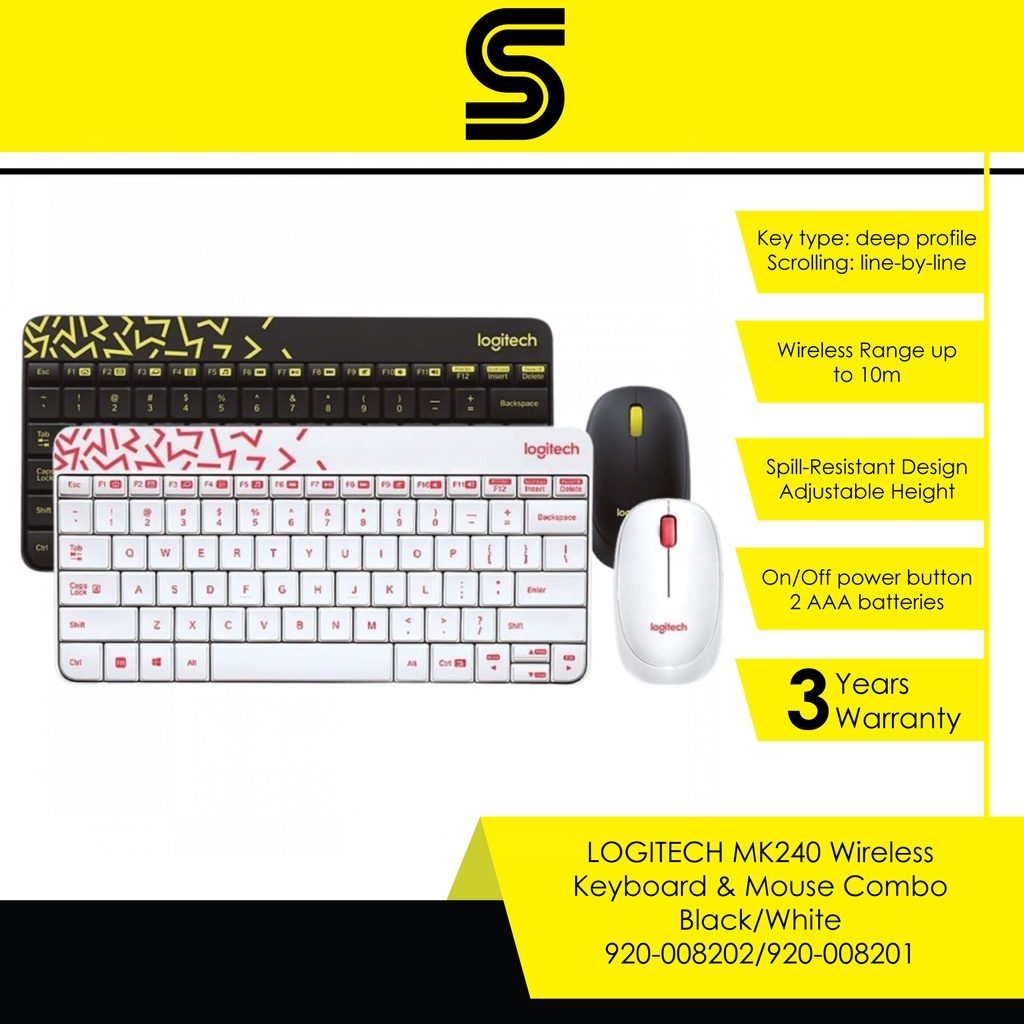 LOGITECH MK240 Wireless Keyboard+Mouse Combo (Black Yellow, White Red ...