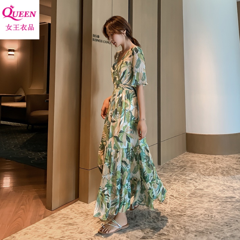 Avocado Green Dress Summer 2021 New Style Female Floral Chiffon Long ...