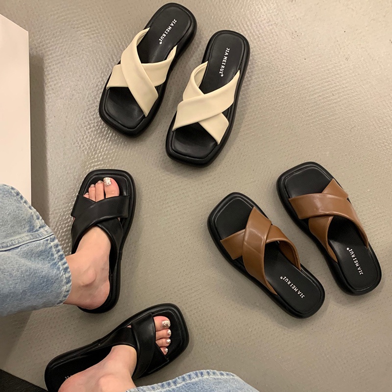 Women Versatile Fashion Slippers Cross Strap Thick Sole Korean Square ...