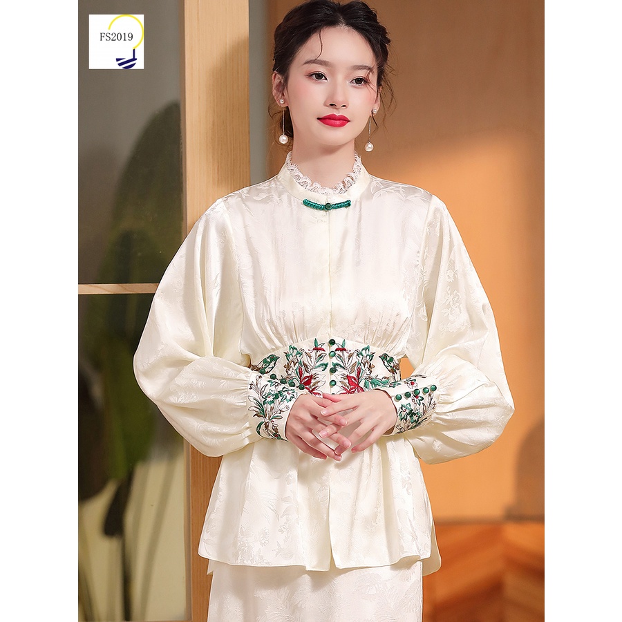 New Chinese Chiffon Long Sleeve Blouse French Top Women Embroidery ...