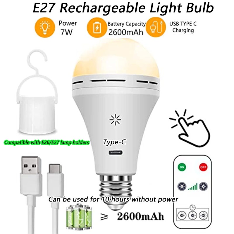 E27 USB C Rechargeable Light Bulb with Remote Control 7W Battery ...