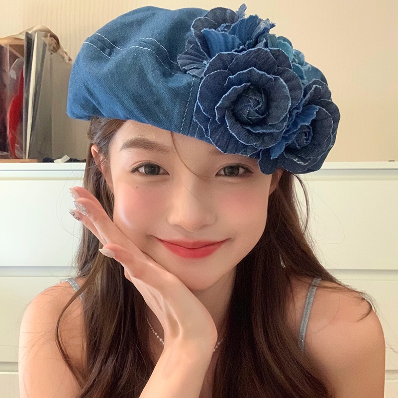 Denim Beret Camellia Fluffy 2023 New Style Casual Niche Painter Hat ...