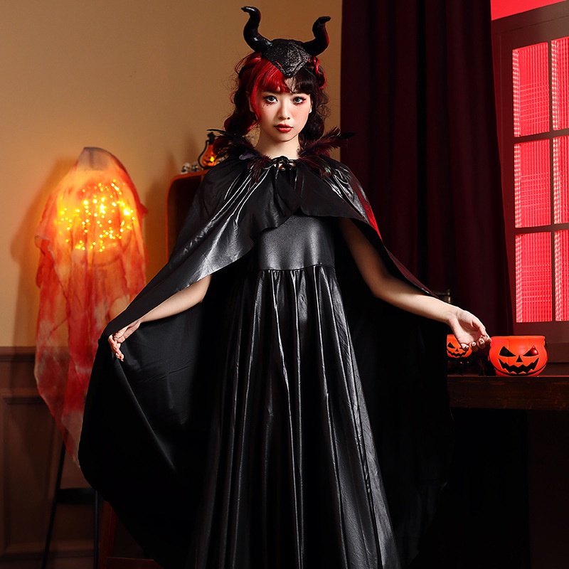 Adult Women Maleficent Black Witch Magic Evil Queen Long Robe Horn Headdress Dress Gown ...