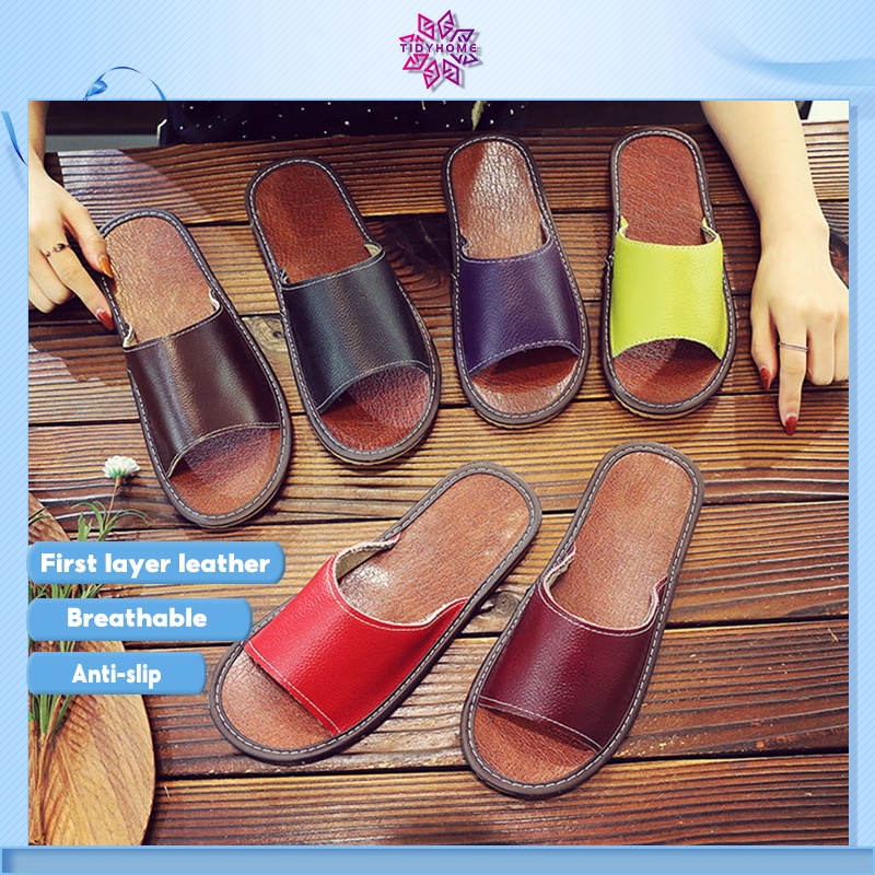 TidyHome Indoor First Layer Leather Anti-slip Slippers Women Slippers ...