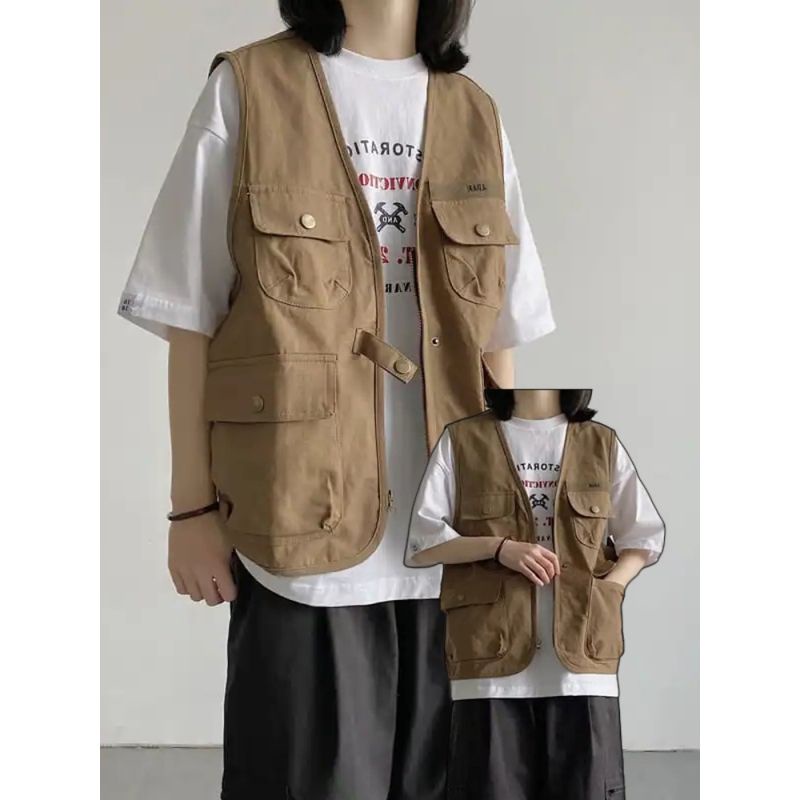 Japanese Vintage Multi Pocket Work Vest Loose Casual Couple Top ...