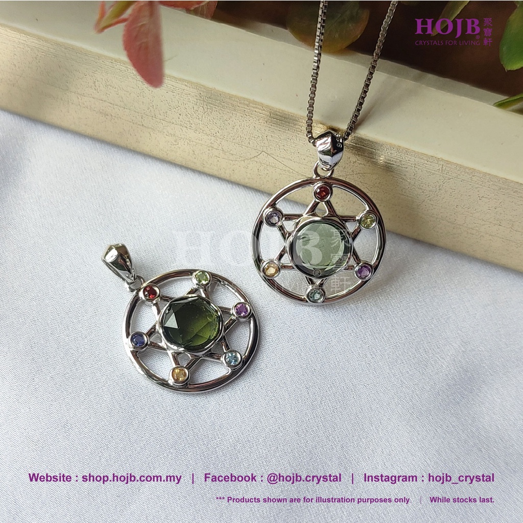 HOJB Authentic Moldavite David-Star with 7 Chakra Crystals S925 Pendant 20mm 聚寶軒纯正捷克流星陨石大卫星佩七脉轮 ...