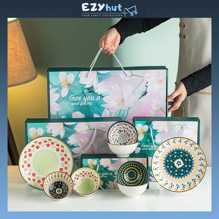 Flower Style Rice Bowl Porcelain Bowl Ceramic Bowl Plate Set Mangkuk ...
