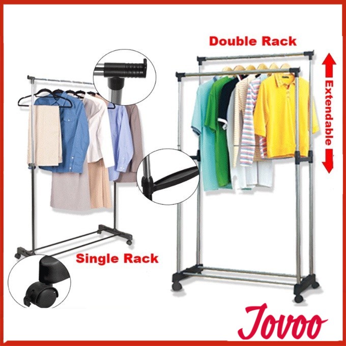 JOVOO Rak Baju Double Pole Steel Cloth Hanger And Organizer Rack Wheel ...