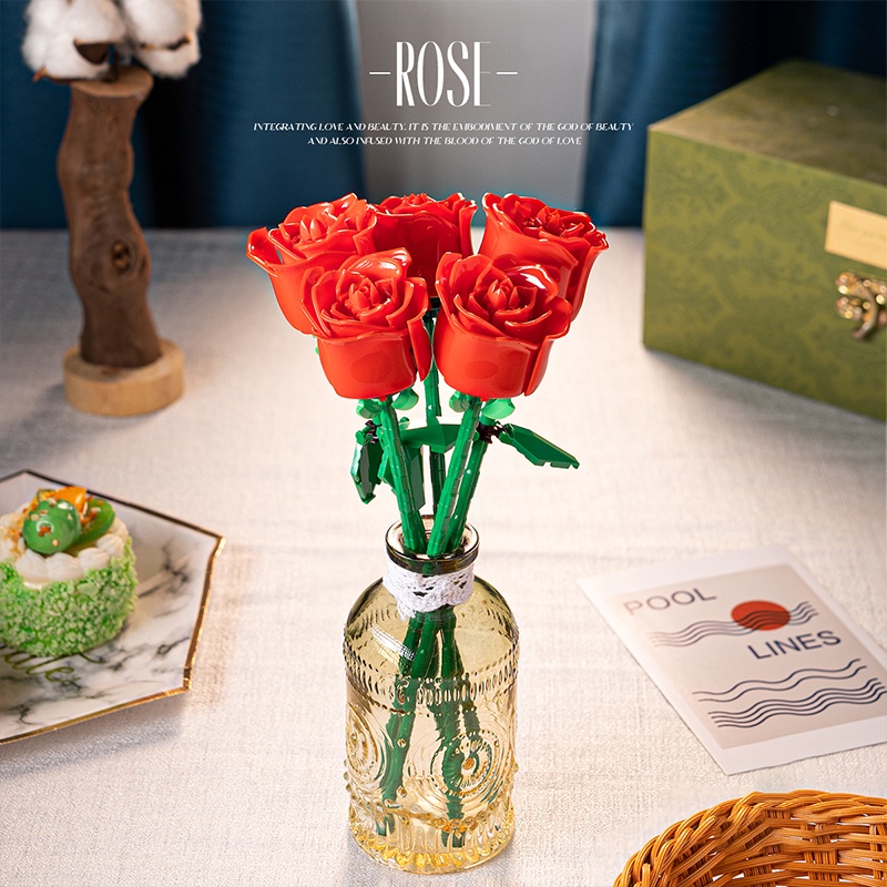 Ins Rose Flower Brick Building Block DIY Rose Block Brick Valentine's ...