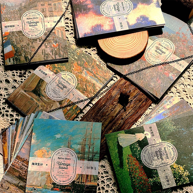 QOUZMO 50pcs/pack Art Scenery carft paper[Vintage Oil Painting Series ...