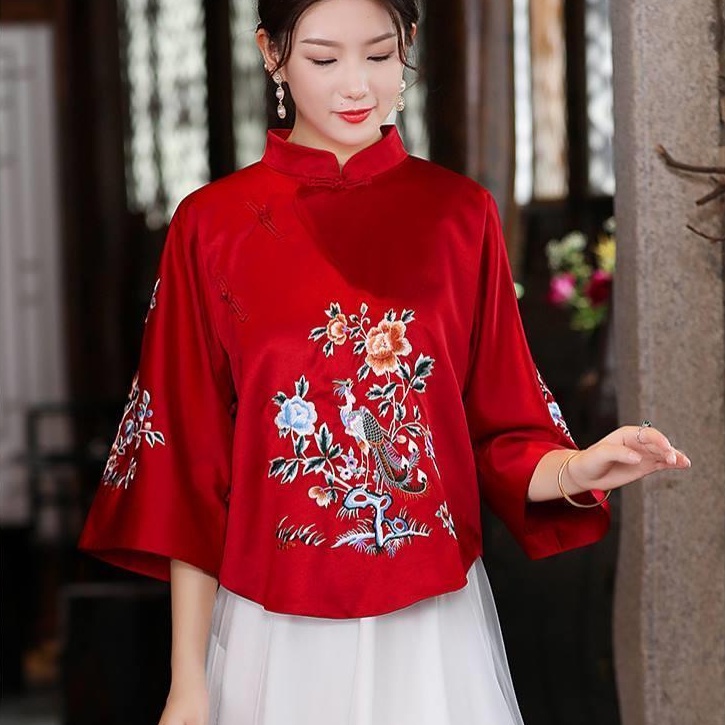 Cheongsam Blouse Plus Size Woman Tops Embroidery Long Sleeves Vintage ...