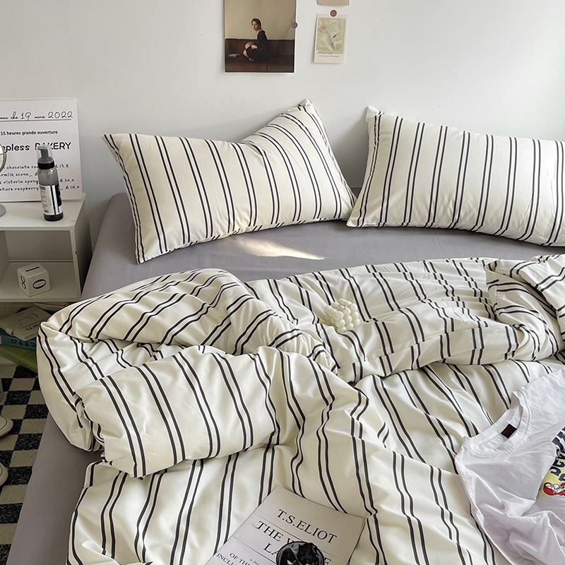 Simple vintage stripe 4 IN 1 Bed Sheet Set Plain Dyed Bedding Set ...