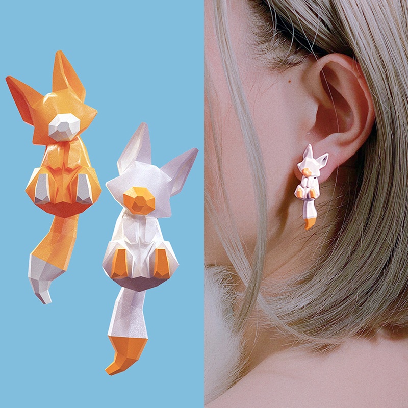 Fun Cute Fox Asymmetric Cartoon Niche Design Unique Creative Earrings ...