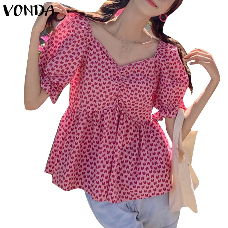 VONDA Women Korean Leisure V-Neck Little Love Puff Sleeves Short Blouse ...