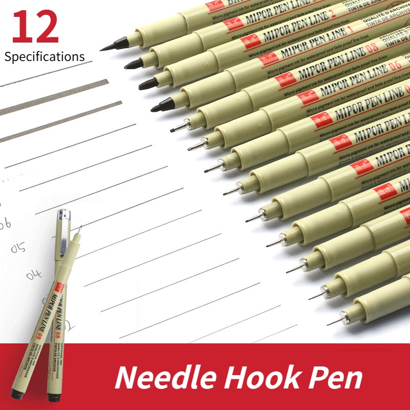 12PCS/SET Needle Pen Waterproof Hand-painted Hook Line Pen Stroke ...