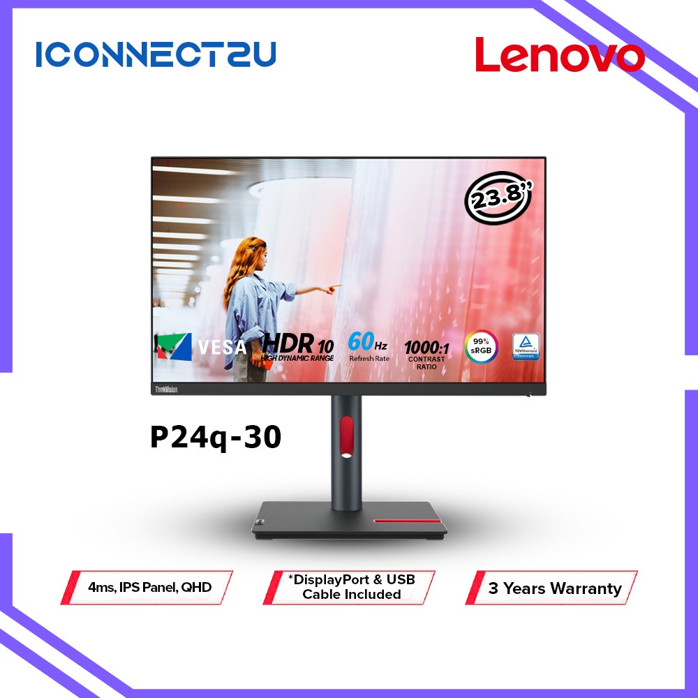 Lenovo 23.8" Thinkvision P24Q-30 IPS QHD HDR10 60Hz 4ms Daisy-Chain ...