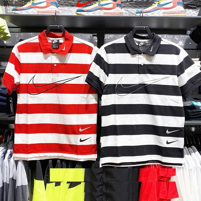 100% Original Men's Double Hook LOGO Striped Polo Collar T-Shirt Couple ...