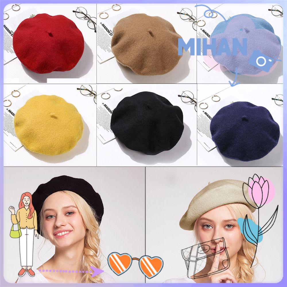 MIHAN Wool Beret Cap Solid Color Winter Warm Baggy Flat Cap Hat ...
