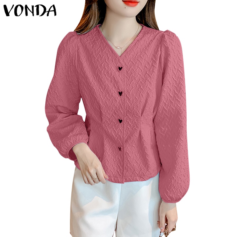 VONDA Women Korean Ggirls V-Neck Simple Fashion Style Buttons Solid ...
